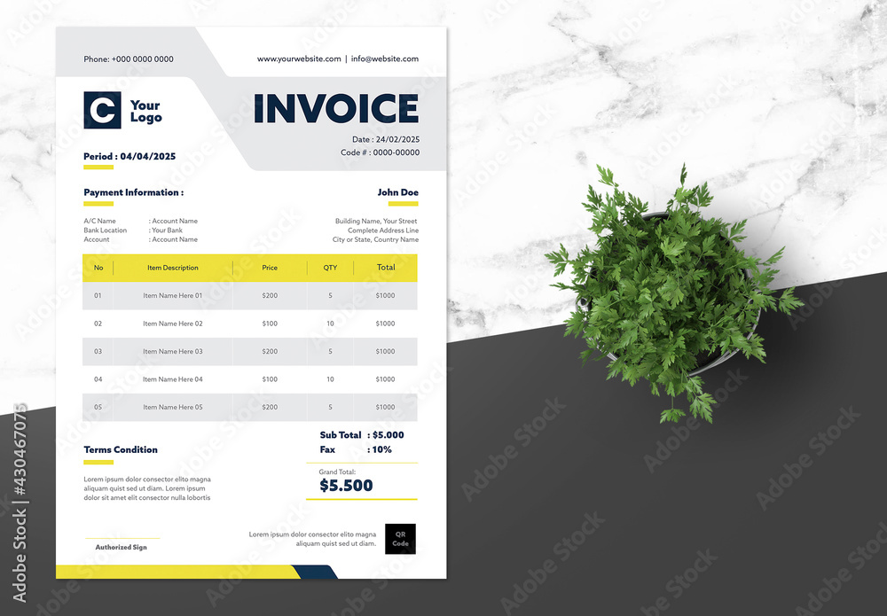 Clean Invoice Design with Yellow Accents Stock Template | Adobe Stock
