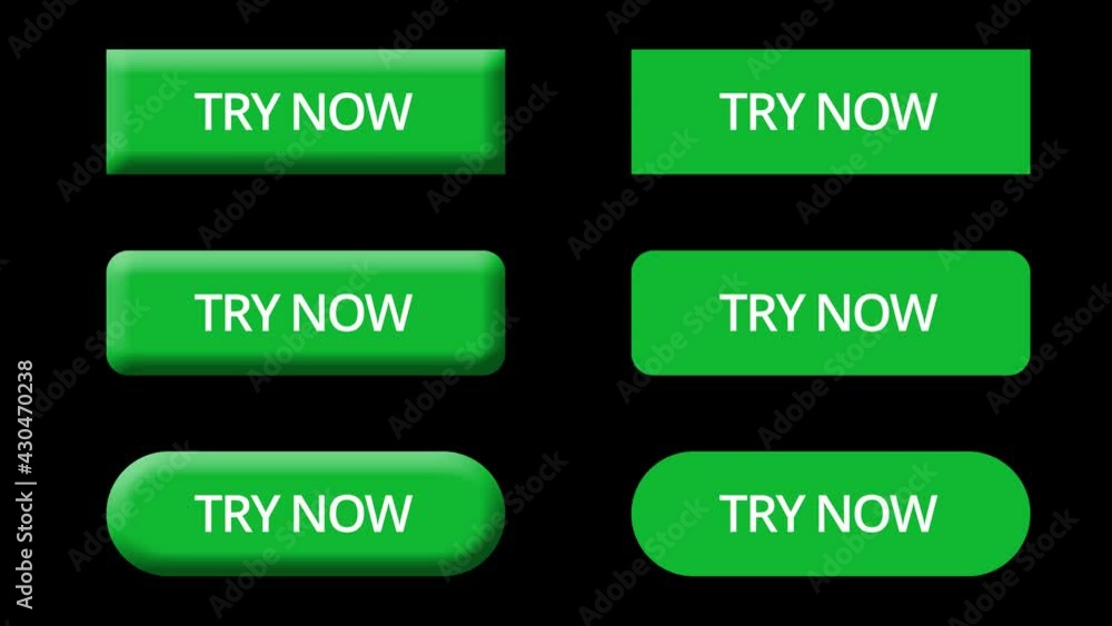 Green TRY NOW buttons of different shapes with click animation ...