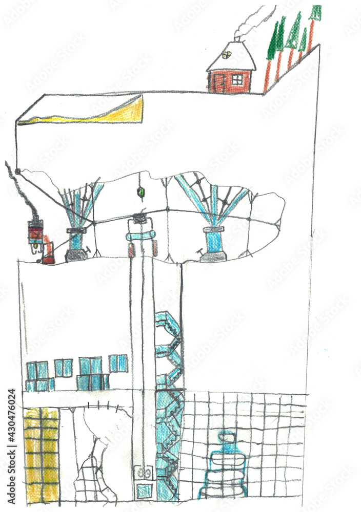 Underground bunker, lab, secret base or factory under a small house ...