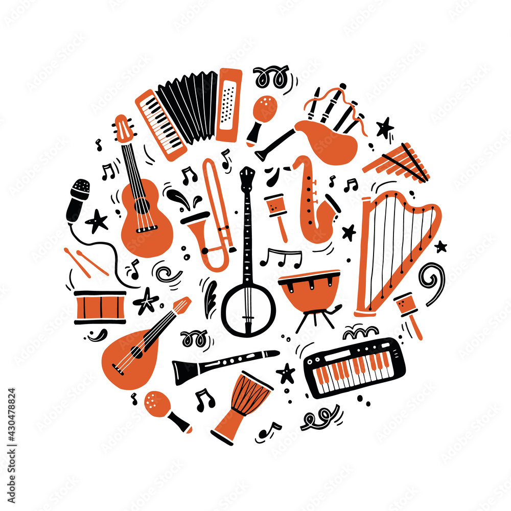 Hand drawn set of different types musical instrument, guitar, saxophone ...