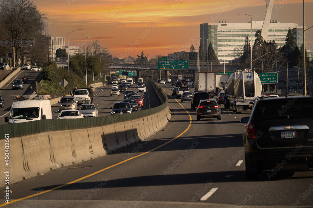 Portland, Oregon - 4-2-2021: evening traffic on interstate Highway I-5 ...