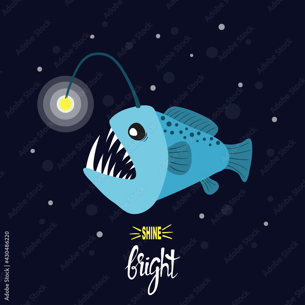 Cartoon angler fish. Vector illustration of anglerfish character. Stock ...