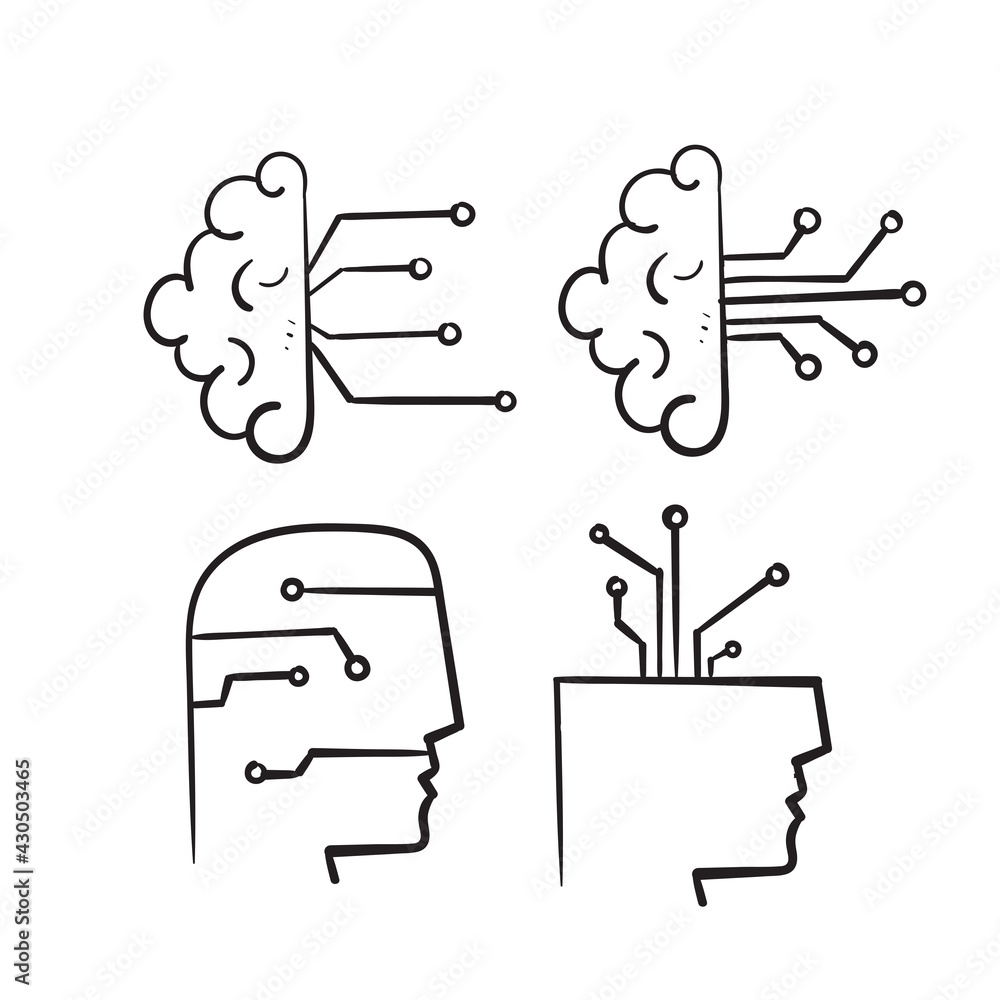 Hand Drawn Doodle Brain Machine Symbol For Artificial Intelligence