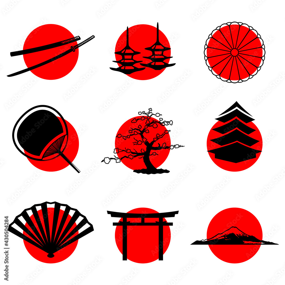 A set of Japanese-style icons on the background of the sun. Japanese ...