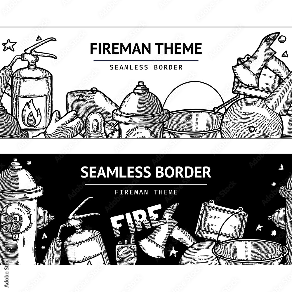 Monochrome Seamless Firefighting Vintage Border. Template of fireman ...