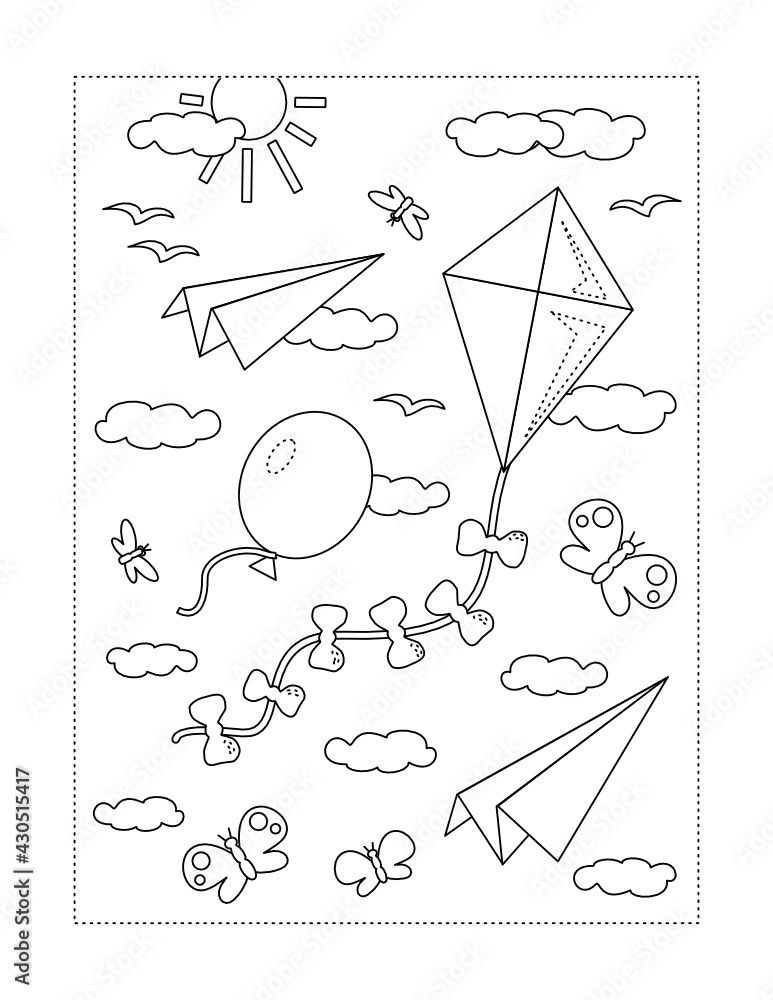 Things that fly in the air coloring page with kite, balloon, paper ...