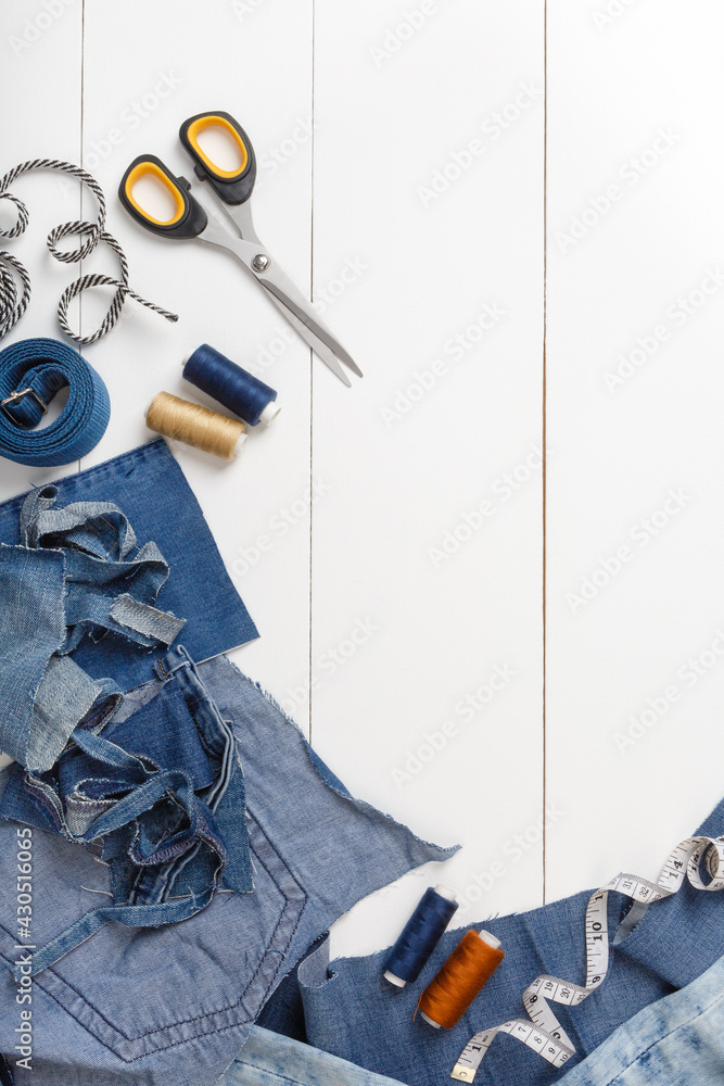 Upcycle old denim garbage. Recycling old jeans. Old blue jeans cut ...