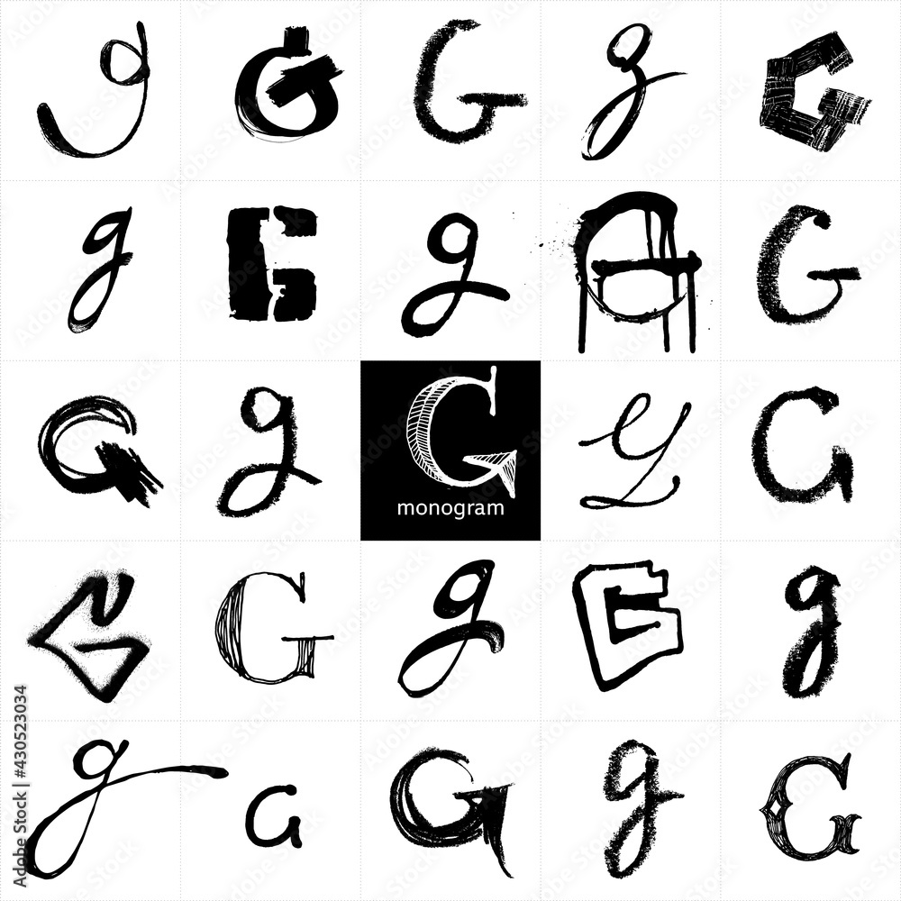 Monogram G. Set of handwritten stylish letters. Pencil and brushwork ...