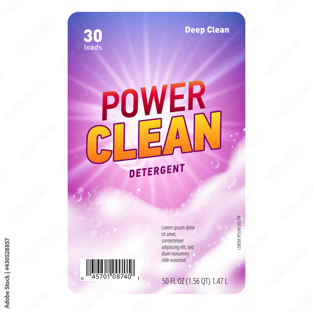 Design template of label for laundry detergent with realistic soap foam ...