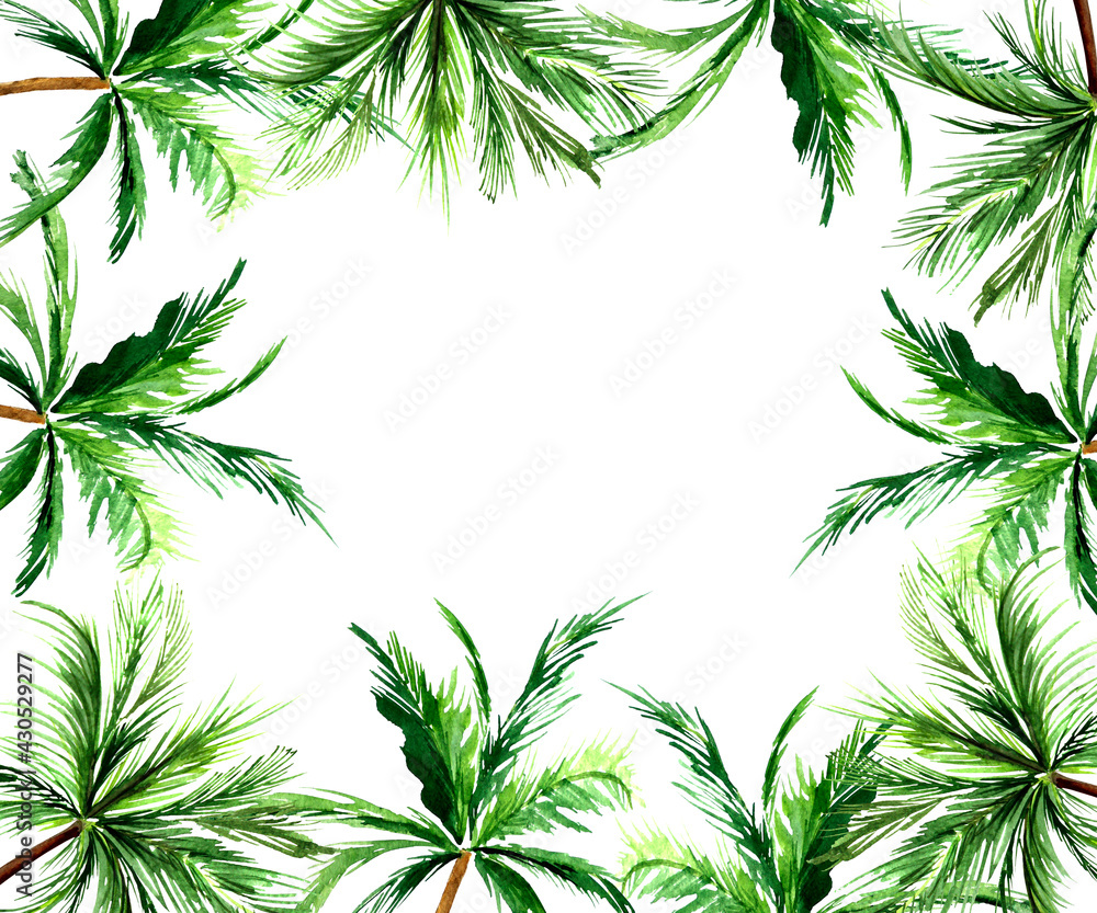 Frame template with watercolor palm leaves. Template for decorating ...