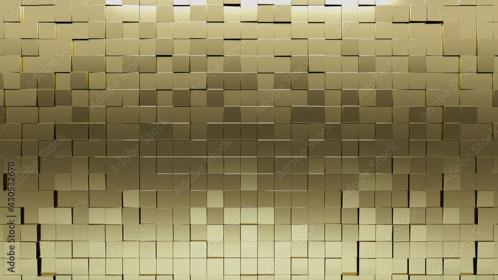 Polished, Gold Mosaic Tiles arranged in the shape of a wall. Glossy ...
