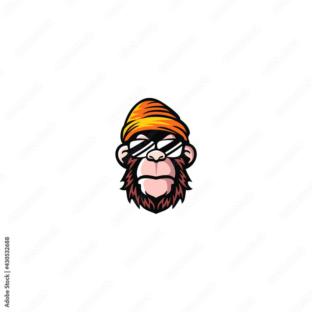 monkey ape in a knitted hat and sunglasses logo vector illustration ...