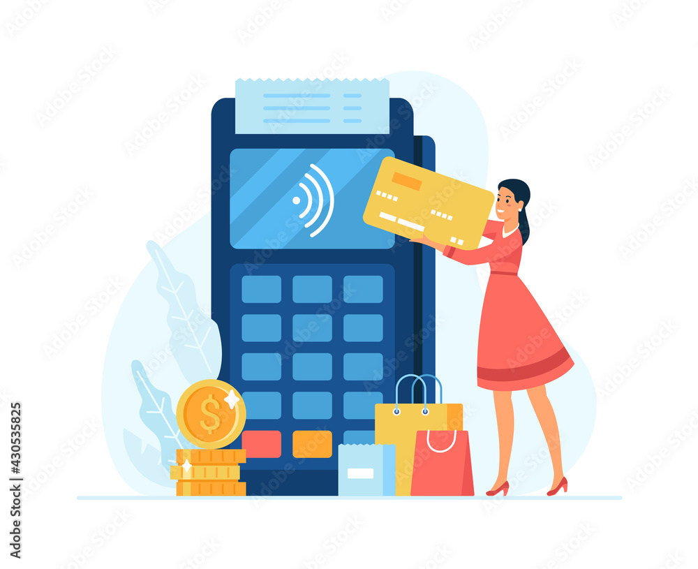 Contactless payment concept flat vector illustration. Female cartoon ...
