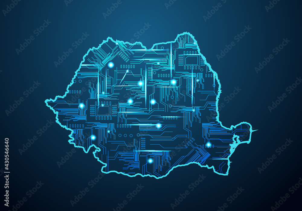 Abstract futuristic map of romania. Circuit Board Design Electric of ...