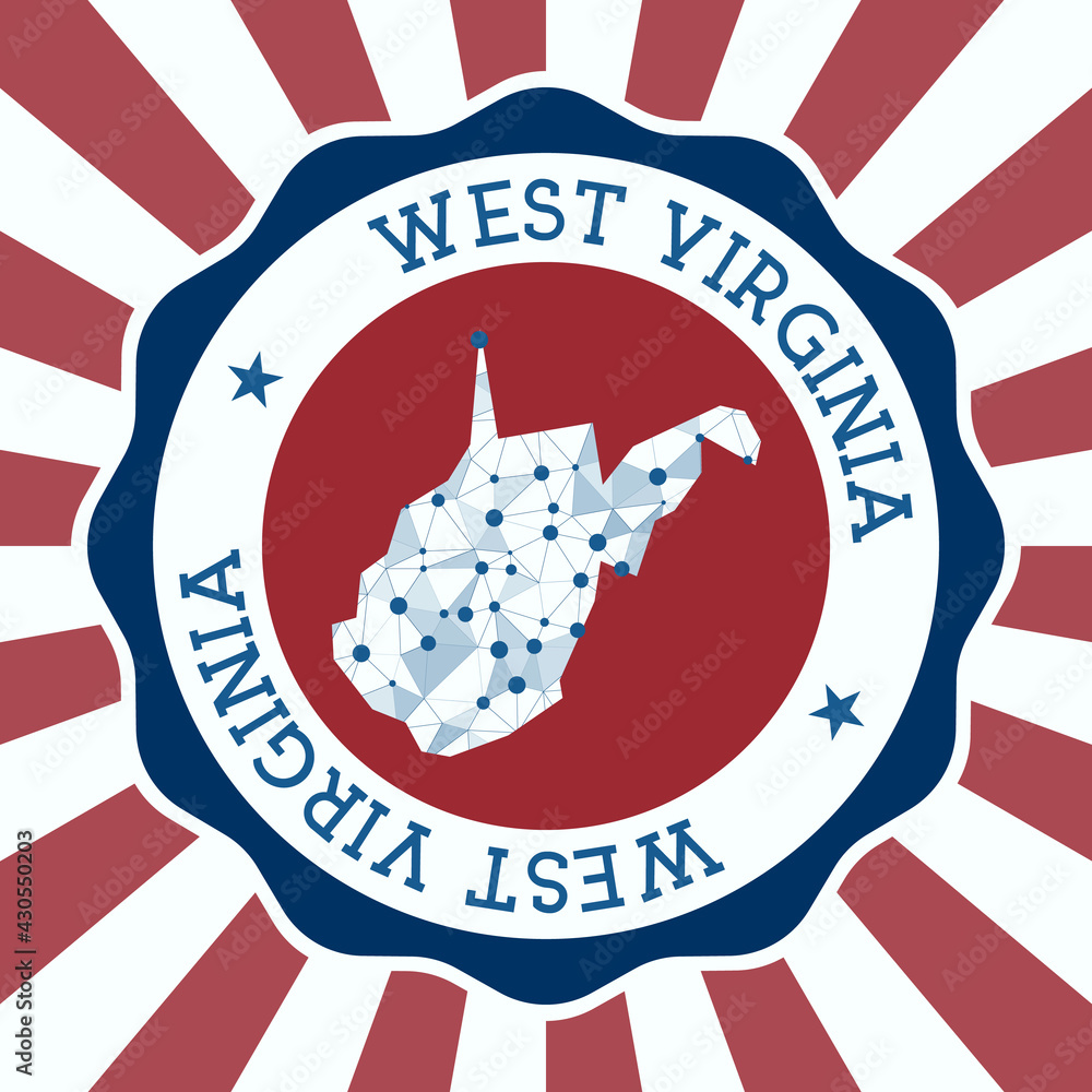 West Virginia Badge. Round logo of us state with triangular mesh map ...