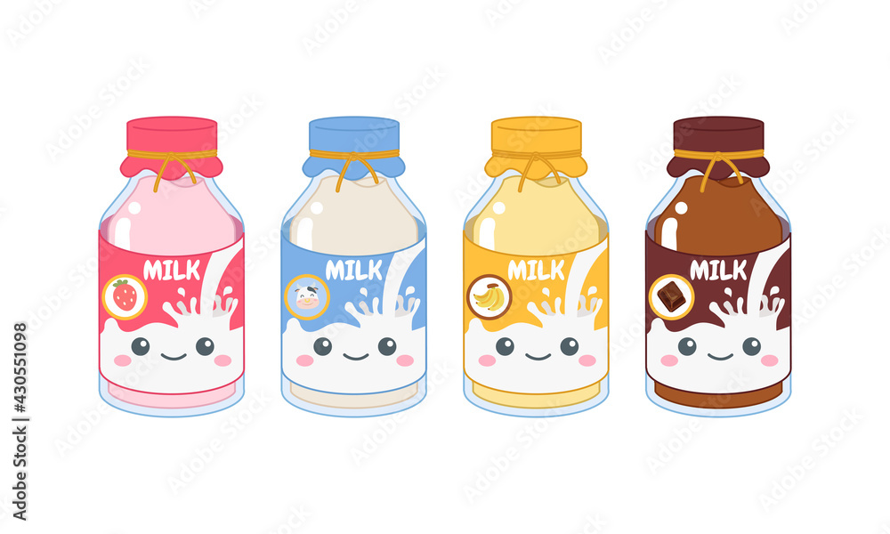 Cute colorful milk packaging of different flavor. Flat vector cartoon ...