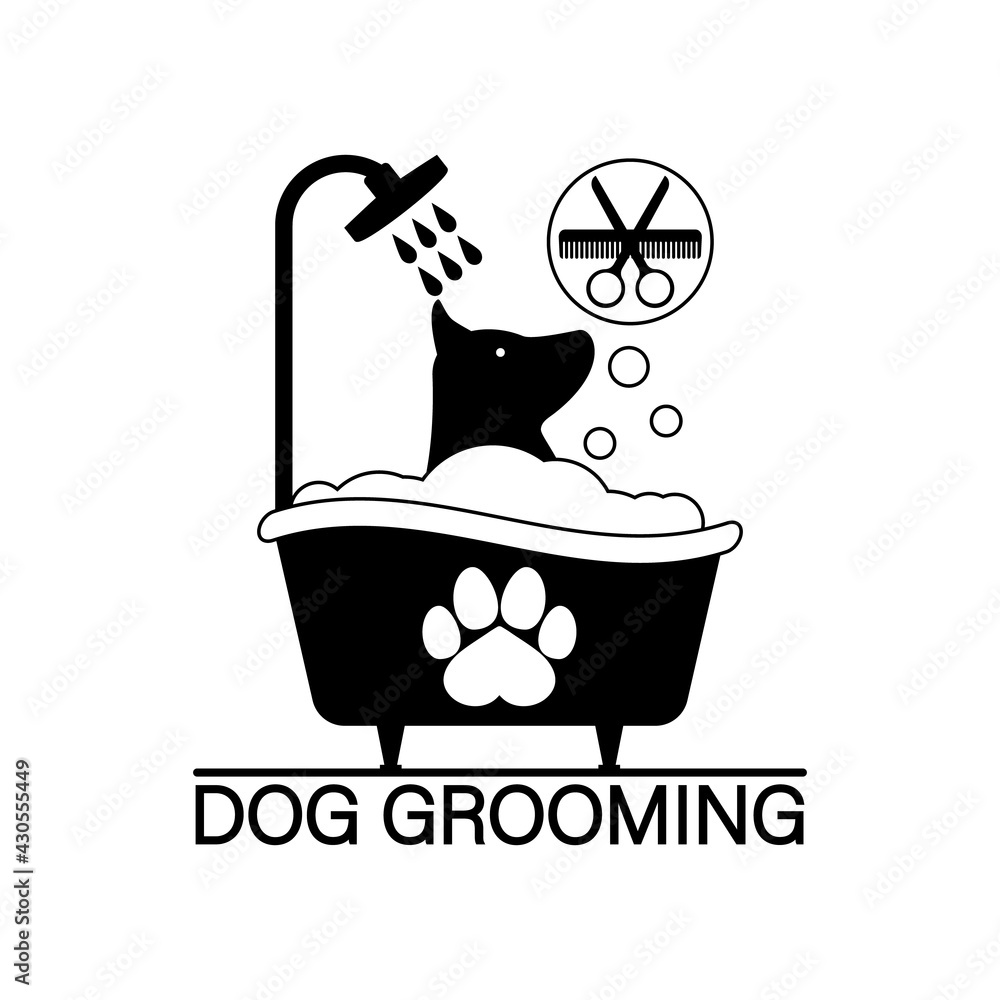 Dog grooming logo design template. The dog is washing in the bathtub ...