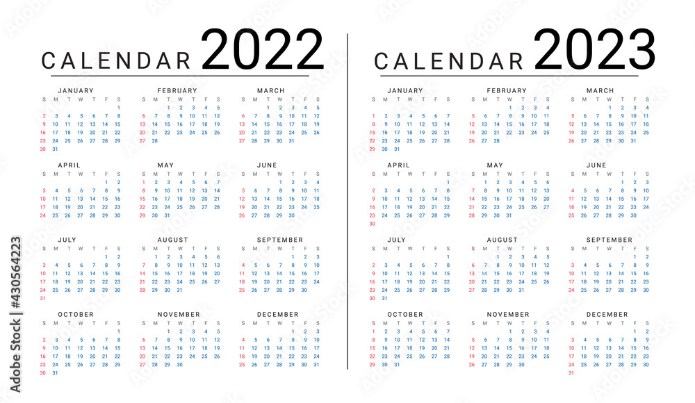 Mockup Simple calendar Layout for 2022 and 2023 year. Week starts from ...