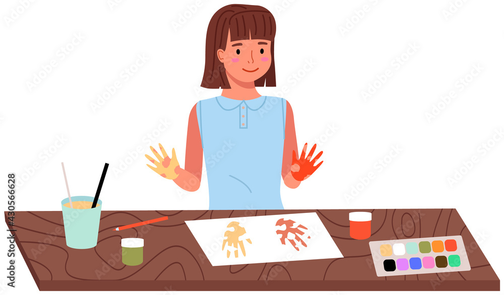 Little child girl drawing picture with watercolor. Drawing kid activity ...