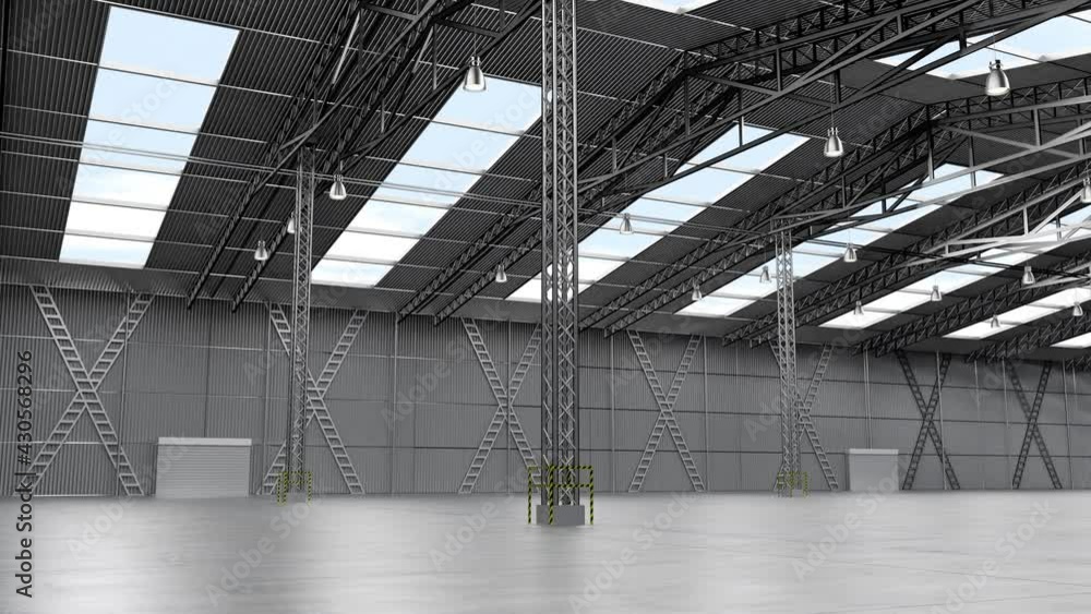 Empty warehouse with roof windows and several pillars - 3D 4k animation ...