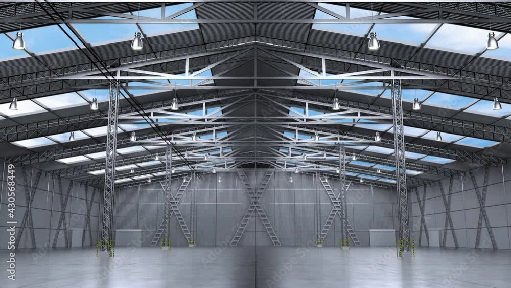 Empty warehouse with roof windows and several pillars - 3D 4k animation ...
