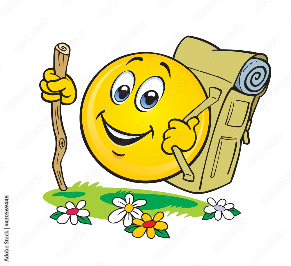 cartoon emoji traveler with a backpack Stock Illustration | Adobe Stock