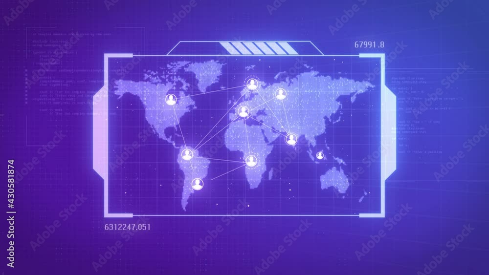 Futuristic looped animation of world map. Technology HUD FUI design ...