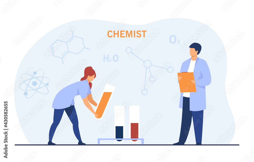 Cartoon chemists conducting experiment. Scientists pouring liquid from ...