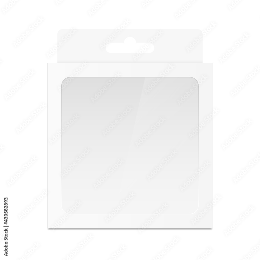 White packaging box with transparent window and hang tab. Realistic ...