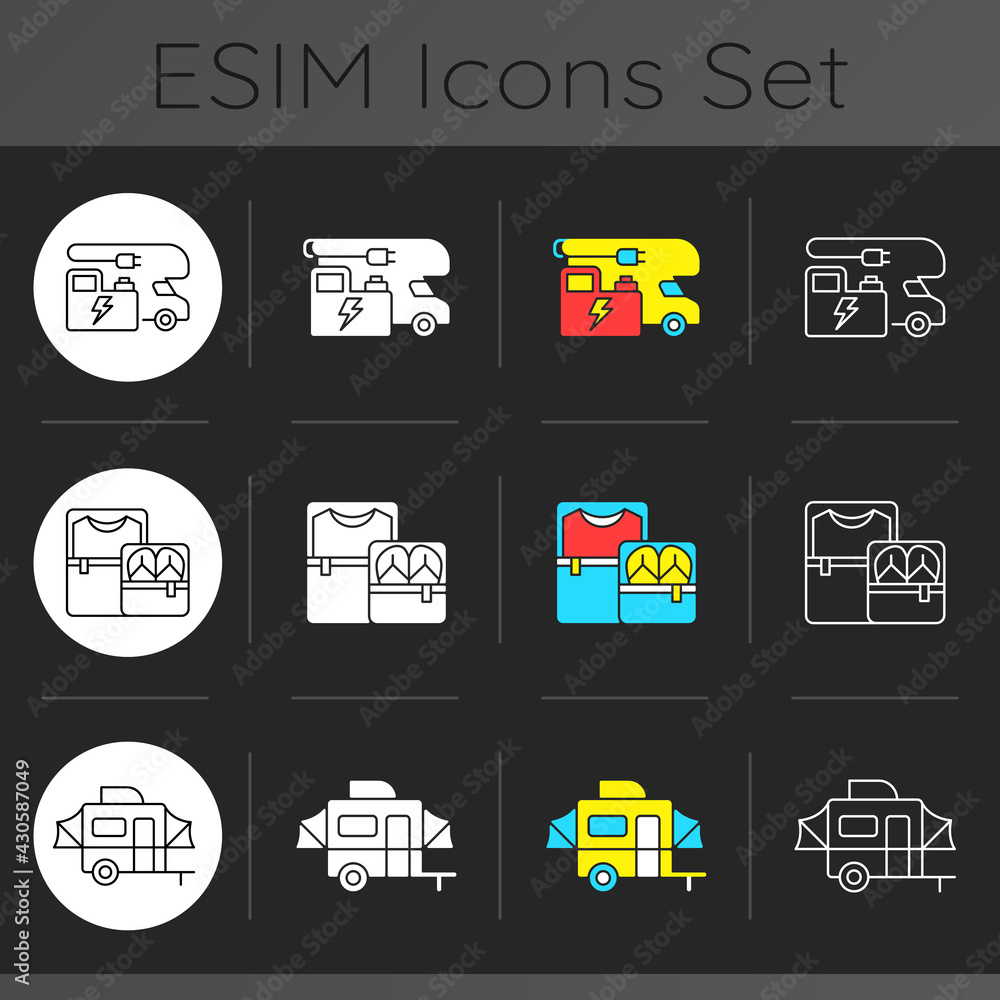 Nomadic lifestyle dark theme icons set. Power generation for trailer ...