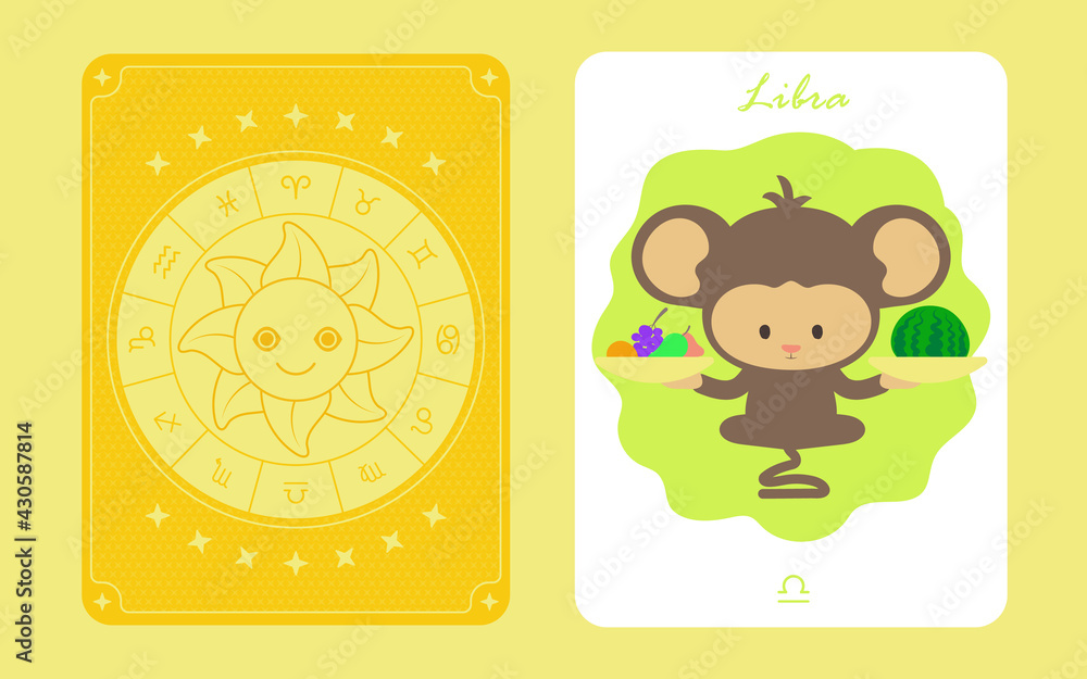 Zodiac Libra Horoscope Card Cute Character Monkey Sitting on His Tail ...