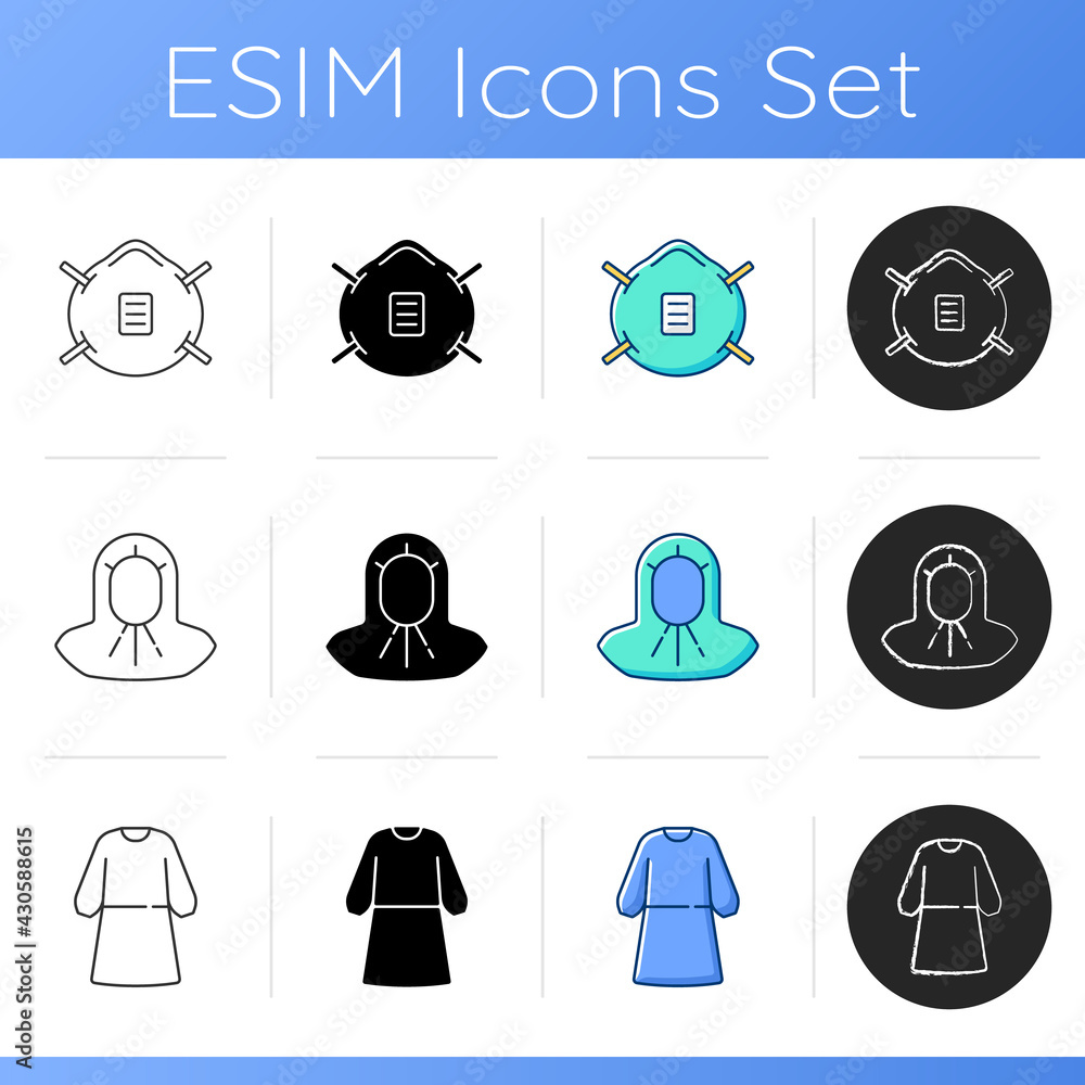 Personal protective equipment icons set. N 95 mask. Medical hood ...