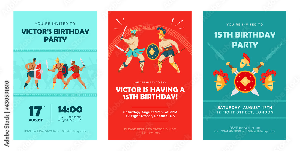Stylish invitation designs with Coliseum gladiators. Creative party ...