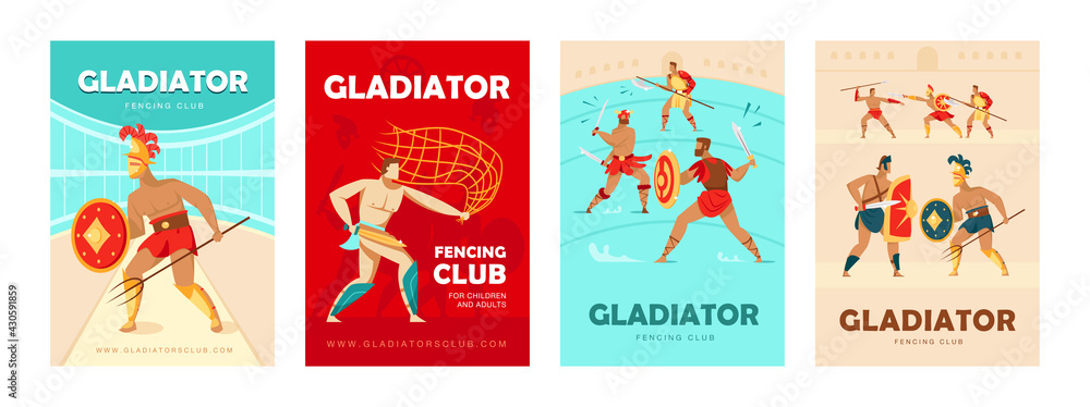 Trendy poster designs with Coliseum gladiators. Vivid brochures with ...