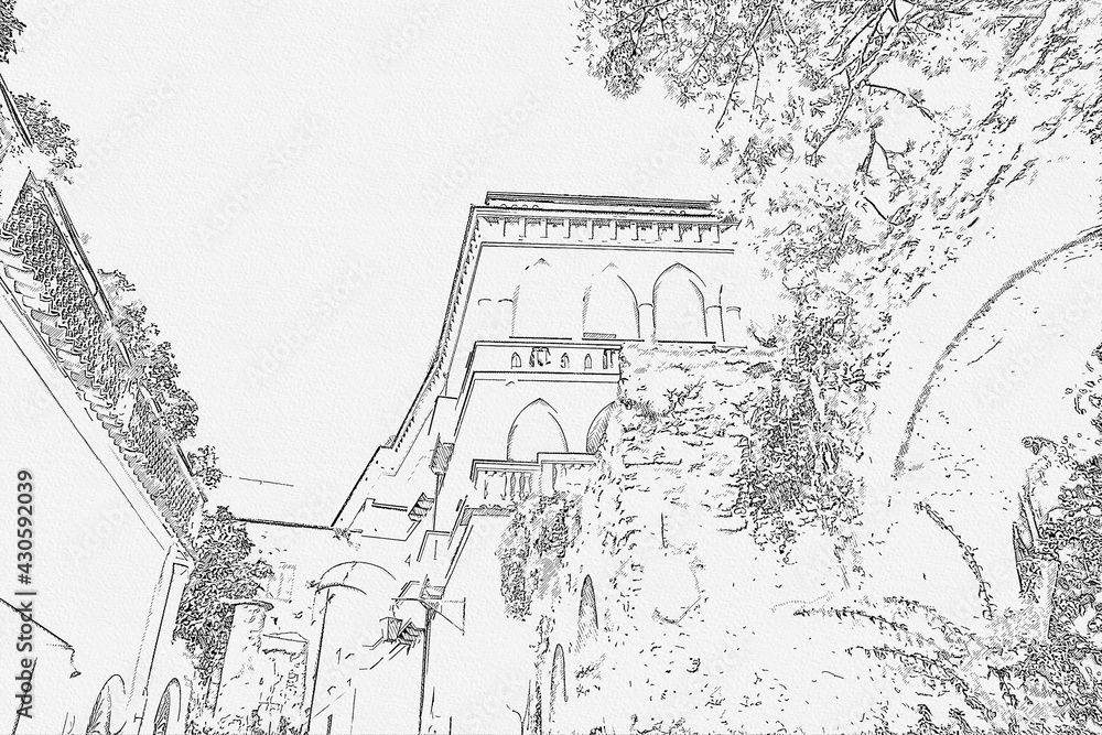 Sketch pencil drawing landscape view small town of Amalfi famous ...