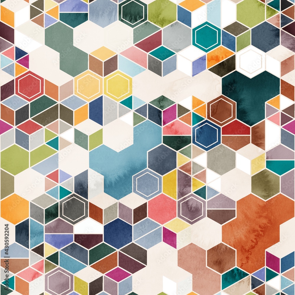 Seamless pattern of hexagons in random colors in watercolor. High ...