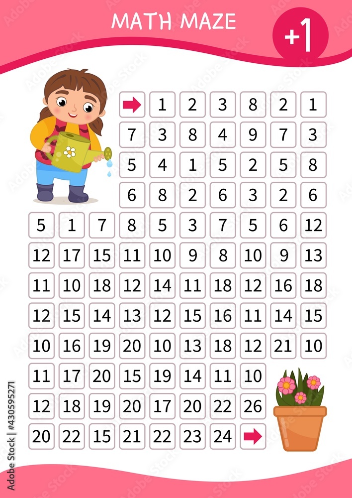 Math maze game for children. Help the girl to water the flower. Stock ...