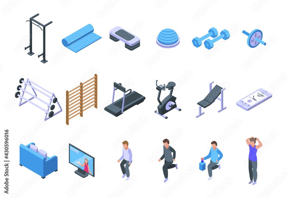 Home gym icons set. Isometric set of home gym vector icons for web ...