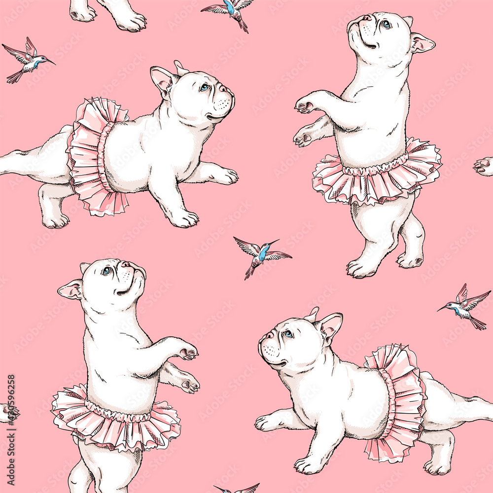 Seamless pattern with french bulldogs in ballet tutus. Cute background ...