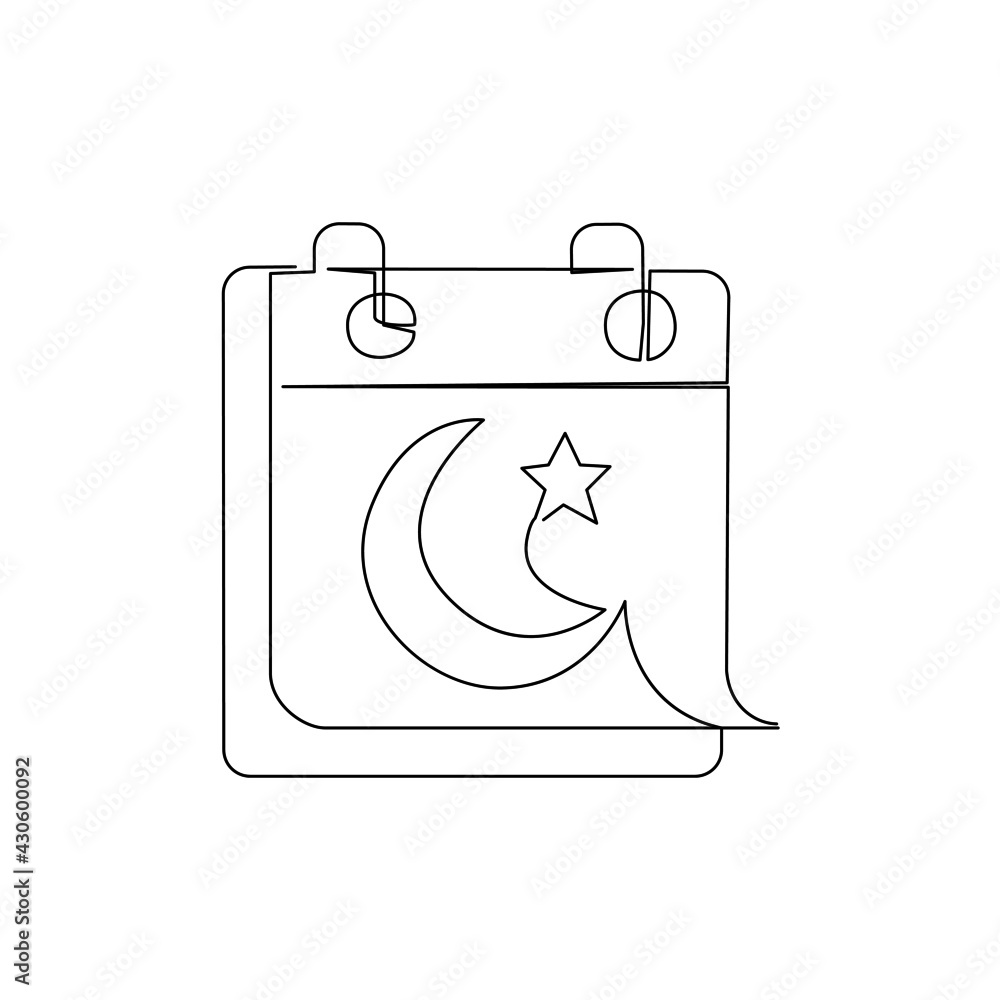 Continuous line drawing. A calendar with a crescent and stars around ...