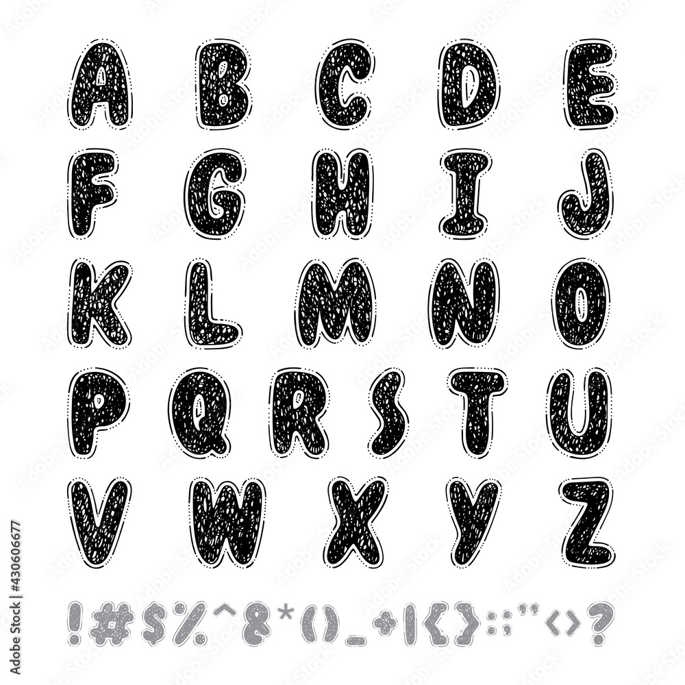 Alphabet. Doodle drawing font with uppercase letters and different ...