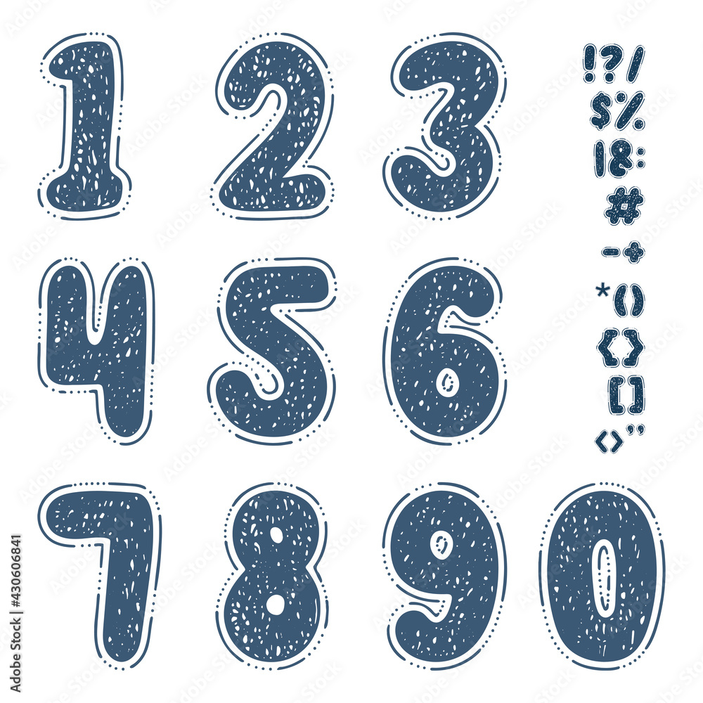 Numbers. Doodle drawing numbers and different symbols. Hand drawn font ...