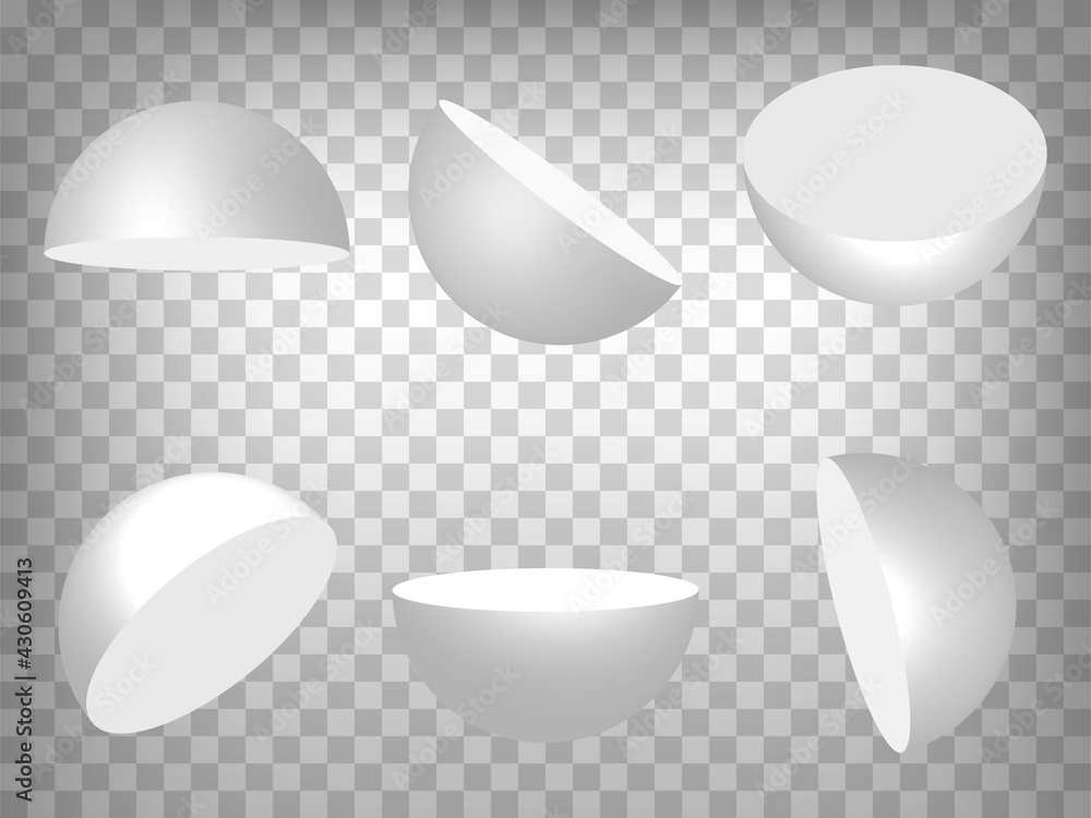 Set of perspective projections 3d hemisphere model icons on transparent ...