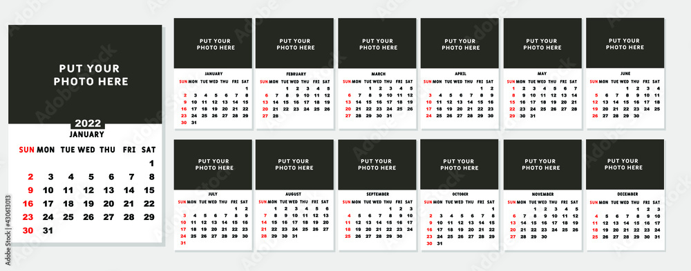 Vector 2022 year calendar grid. All year on one page, monthly grid on ...
