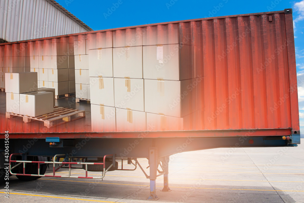 Double Exposure of Package Boxes Inside Shipping Container. Trailer ...