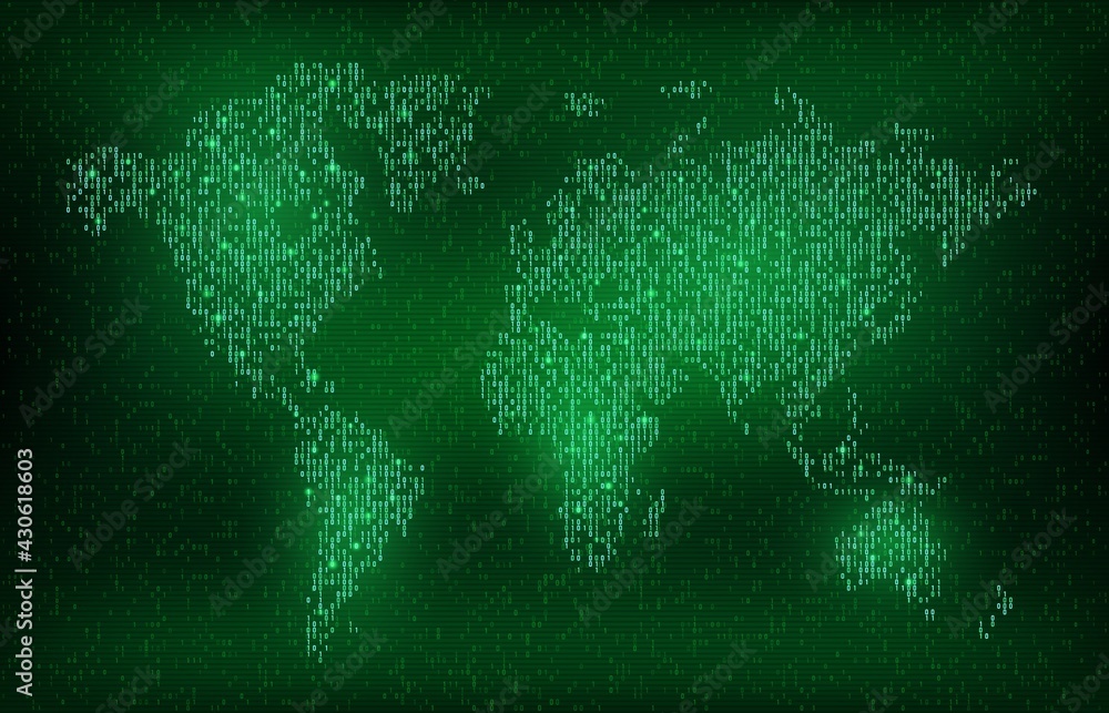Digital binary code world map vector future technology design. Cyber background with glowing ...