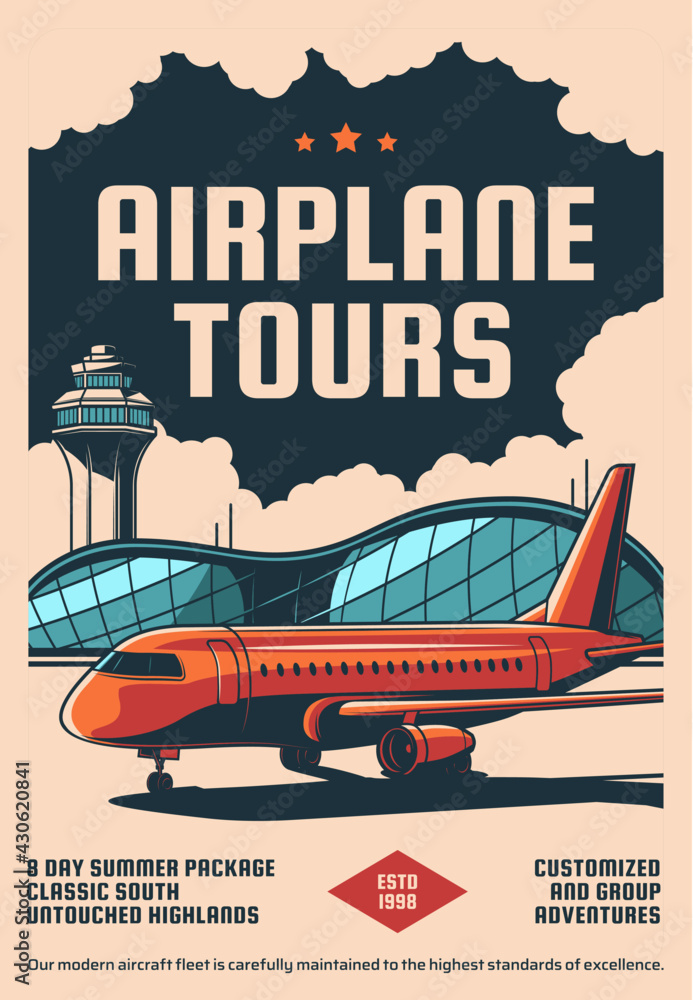 Vetor de Airplane vacation tours, aviation travel service poster ...