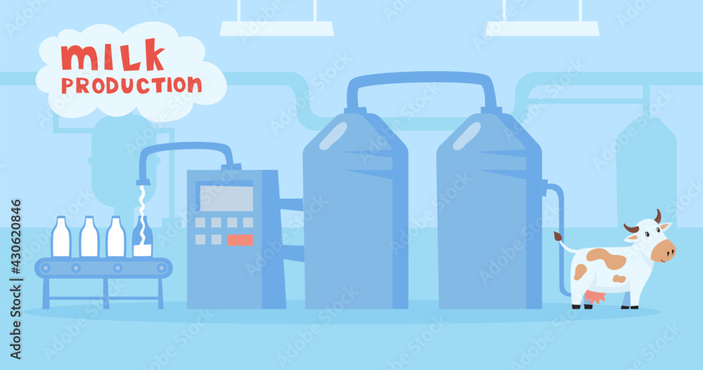 Cartoon cow character in milk factory vector illustration. Farm animal ...