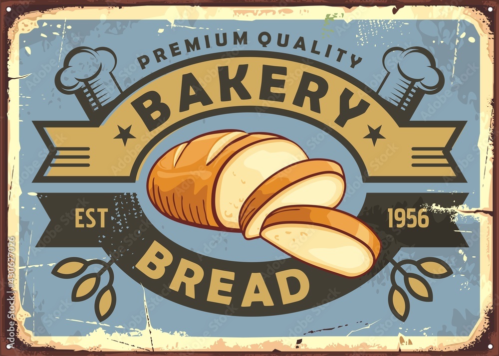 Old fashioned bakery sign with bread loaf and decorative ribbons ...