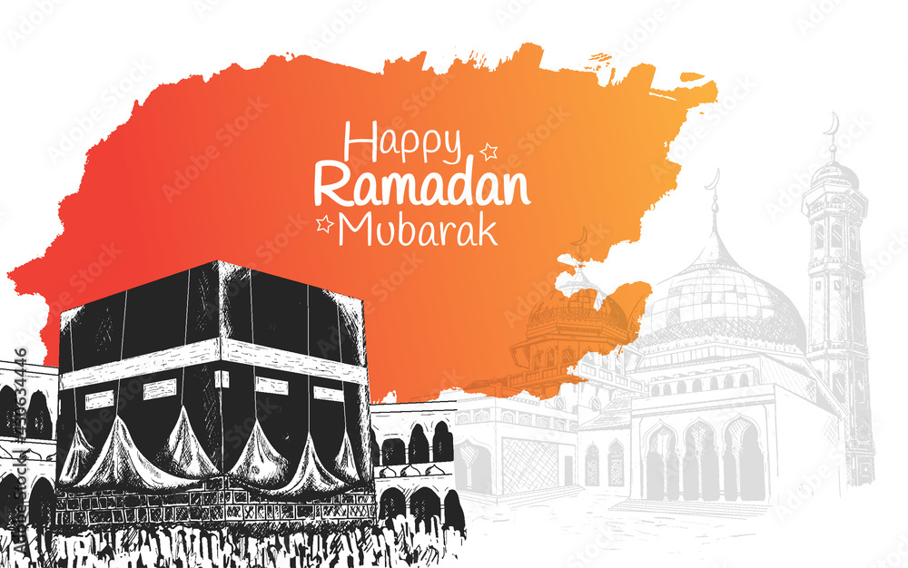 Ramadan Mubarak. holy kaaba illustration hand drawn isolated on white ...